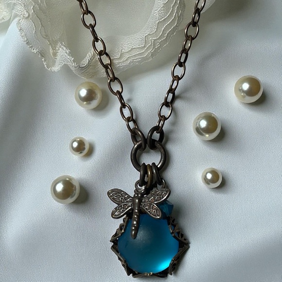 Jewelry | Vintage Bronze Blue Moon Glow Pendant Necklace With Dragonfly ...